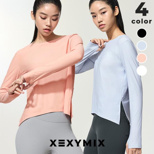 ゼクシィミックス xexymix 長袖 接触冷感 トリコット ピラティスウェア ヨガウェア かわいい トップス スポーツウェア レディース  サイドスリット 指穴付き ルーズフィット 涼しい フィットネスウェア ジムウェア ランニングウェア...