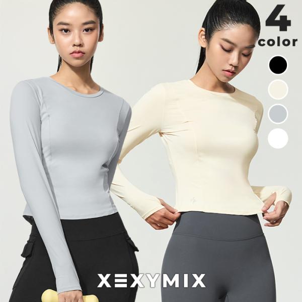ゼクシィミックス xexymix 長袖 レディース 接触冷感 指穴付き UVカット ピラティスウェア トップス クロップド丈 ヨガウェア かわいい スポーツウェア スタイルアップ フィットネスウェア ジムウェア ランニングウェア フィットネ...