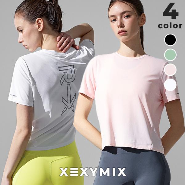 【OUTLET】ゼクシィミックス xexymix 半袖 ランニングウェア レディース Tシャツ クロップド丈 メッシュ素材 夜ラン リフレクター入り ヨガウェア  トップス ピラティスウェア スポーツウェア トレーニングウェア ジムウェア ...