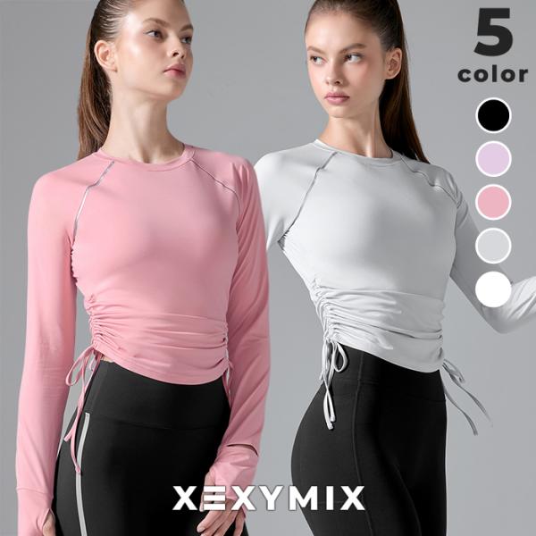 ゼクシィミックス xexymix 長袖 レディース シャーリング UVカット ピラティスウェア トップス クロップド丈 ヨガウェア かわいい スポーツウェア ジムウェア ランニングウェア フィットネスウェア ゼクシーミックス xfk3tl1009