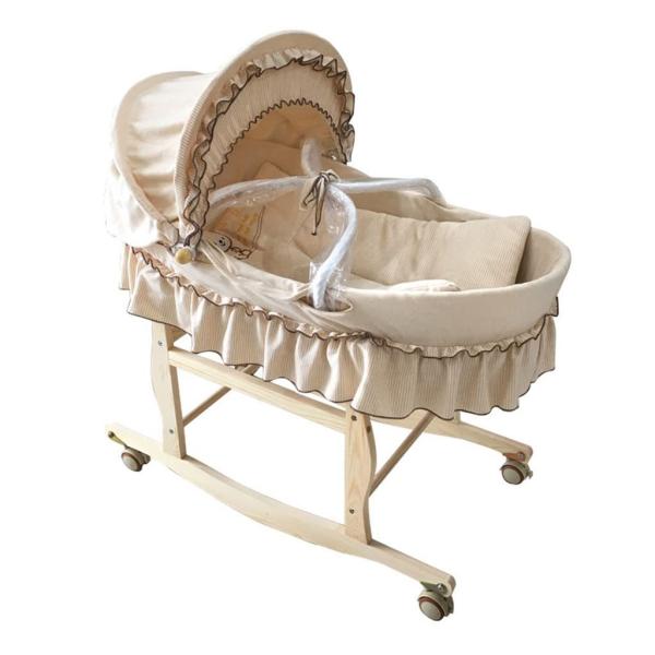 【製品仕様】重量/約7kg 荷重/約30Kg サイズ/上の図に示す【セット内容・付属品】 前掛け、布団、海綿敷、日遮る棚、枕、蚊帳、木製クレードルボトムサポート、ホイール【配件材質】バスケット：トウモロコシの殻と麦わら 生地：純綿生地 マッ...