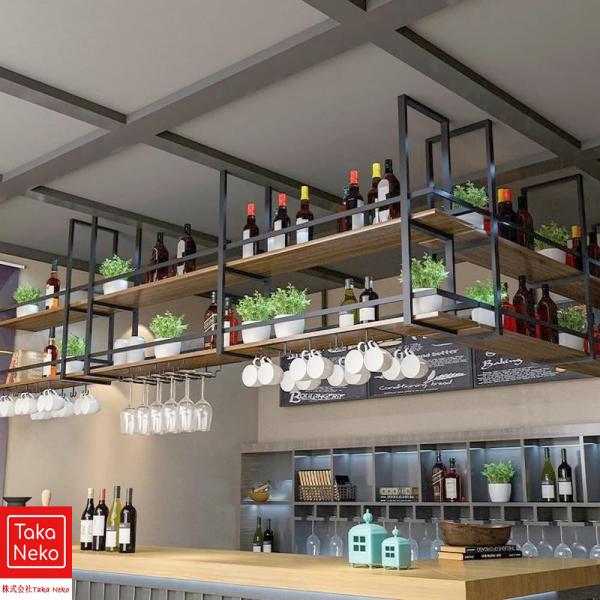 天井ラック 吊り下げ収納棚 - 天井ワイングラスラック、鉄無垢材ワインラック、キッチンバーレストラン用フローティング棚、ガードレール付き