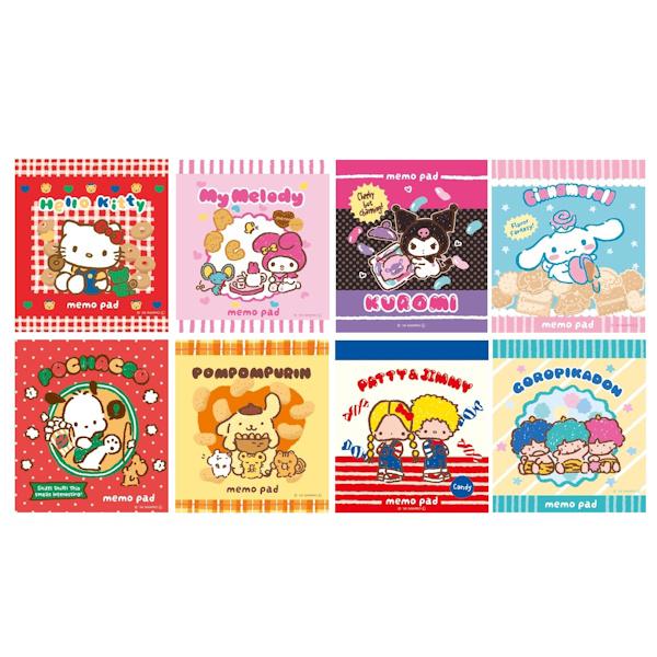 昔ながらのレトロパッケージをイメージしたお菓子文具シリーズ「サンリオキャラクターズおやつパーティー」<br>25枚×4柄、合計100枚綴りでたっぷり使えるメモパッドです<br>気軽に使いやすく、日常のメモやちょっとし...