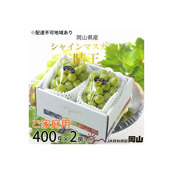 ■お礼品詳細　・内容量：ご家庭用 シャインマスカット 晴王 約400g×2房 岡山県内産(5条8号ハ)　・賞味期限：出荷日より冷蔵4日　・配送方法：冷蔵配送　・提供事業者：はちやフルーツ　・備考：お届け日、時間の指定は申し訳ないですが、お受...