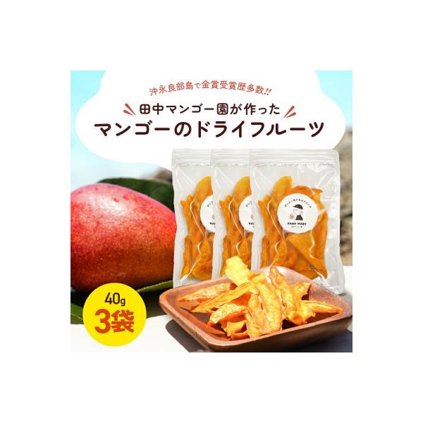 ■お礼品詳細　・内容量：マンゴードライフルーツ 40g×３袋　・原材料名：アップルマンゴー　・原材料産地：沖永良部島　・製造・加工地：沖永良部島　・配送方法：常温　・保存方法：直射日光・高温多湿を避け、早めにお召し上がりください。　・賞味期...