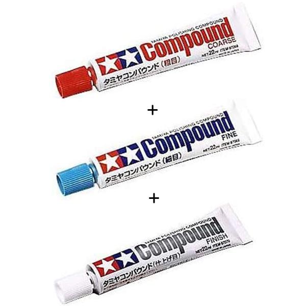 【商品名】　タミヤ コンパウンド(粗目) + タミヤ コンパウンド(細目) + タミヤ コンパウンド (仕上げ目) セット 【商品説明】　・パッケージ重量: 0.18 kg・商品の特徴 プラスチックモデル用に開発された、使いやすいペーストタ...