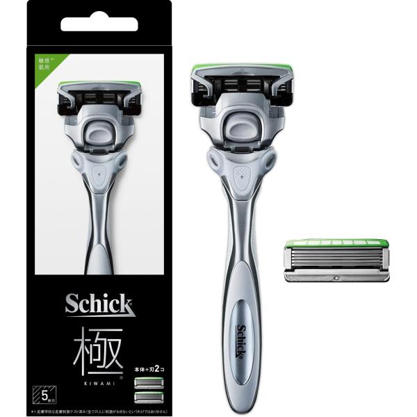 【商品名】　Schick(シック) 極 KIWAMI 敏感肌 ホルダー(刃付き+替刃1コ) 髭剃り カミソリ 【商品説明】　・シック最上級モデル「極　KIWAMI」・ハンドルの衝撃吸収機能によるシック史上最高の剃り心地・内容量：刃付き＋替刃...