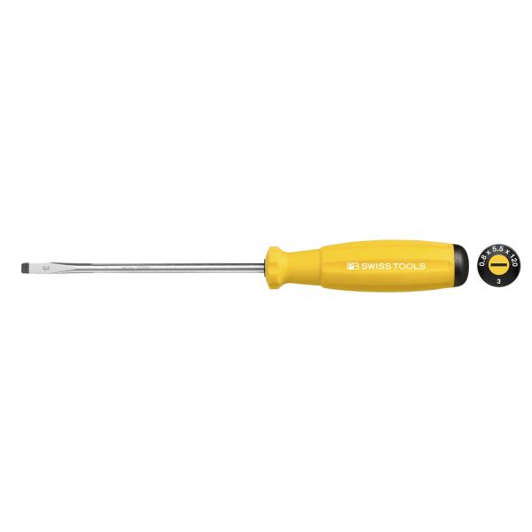 【商品名】　PB SWISS TOOLS 8100-3-120YE レインボーマイナスドライバー 黄 【商品説明】　・●レインボーマイナスドライバー・●全長(mm):220・●刃先厚(mm):0.8・●刃先幅(mm):5.5・●質量(g):...