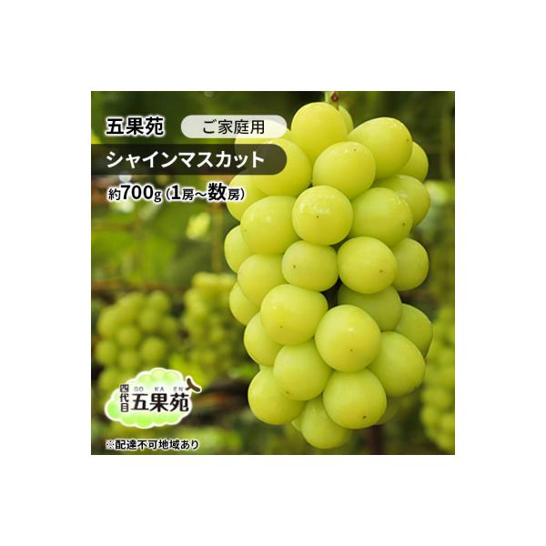 ■お礼品詳細　・内容量：ご家庭用 シャインマスカット 約700g(1房〜数房) 岡山県内産(5条8号ハ) 　・賞味期限：出荷日より冷蔵5〜6日　・配送方法：冷蔵配送　・事業者：四代目　五果苑　・備考：房数、お届け日、時間の指定は申し訳ないで...