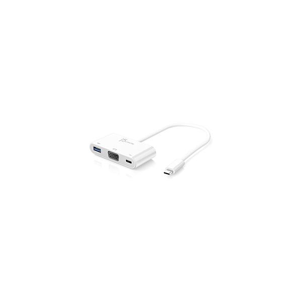 j5create JCA378 パワーデリバリー対応でパソコンの充電をしながら増設した機器の使用が可能、USB Type-C 充電用ポート×1、VGA、USB3.0 ×1ポートが増設でき、VGA 最大解像度1920×1200 60Hz。