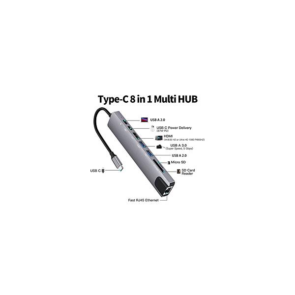 【発売日：2023年02月01日】Type-C 8 in 1 マルチHUB<br>USB-Cx1 PD 87W 接続先充電用 / USB-Cx1(2.0) / USB-A(3.0)x1 / USB-A(2.0)x1 / HDMI...