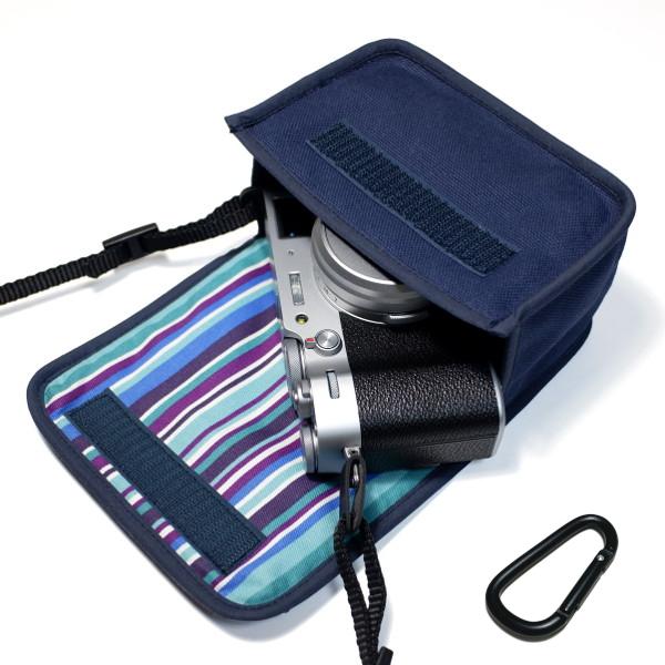 FUJIFILMの高性能デジカメ FUJIFILM X100VIによく合う専用ケースです。ストラップで首からカメラを提げながら収納・取り出しができます。表地は耐久性のある８号撥水帆布、裏地は柄がカラフルなsuono定番のプリントファブリック...