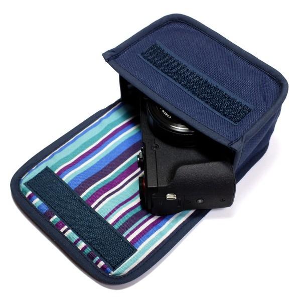 キヤノンのコンパクトデジカメ「PowerShot G5X Mark II」によく合う専用ケースです。表地は耐久性のある８号帆布で、裏地は柄がカラフルなsuono定番のプリントファブリックを使っています。通常の工業製品よりも縫い目を細かく設定...