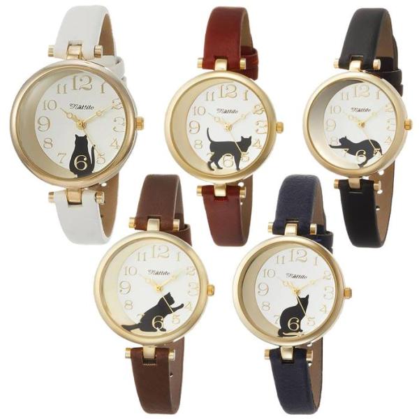 ポスト投函発送 ネコ＆ムーンモチーフ ガット ウォッチ ST162P  革ベルトレディスウォッチホワイト・ブラウン・レッド・ネイビー・ブラック日本製ムーブ使用 レディース 腕時計 ネコ おしゃれ かわいい 見やすい 軽量☆誕生日、記念日、ホ...