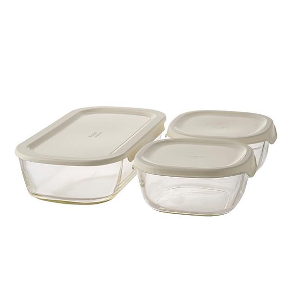 スタッキング耐熱ガラスコンテナ■フタをしたまま電子レンジ、フタを外してオーブン調理が可能です。 ■商品詳細●本体=耐熱ガラス、蓋=ポリプロピレン●正方形M（約14.3×13.9×6.2cm・600ml）×2、長方形M（約27.0×14.5×...