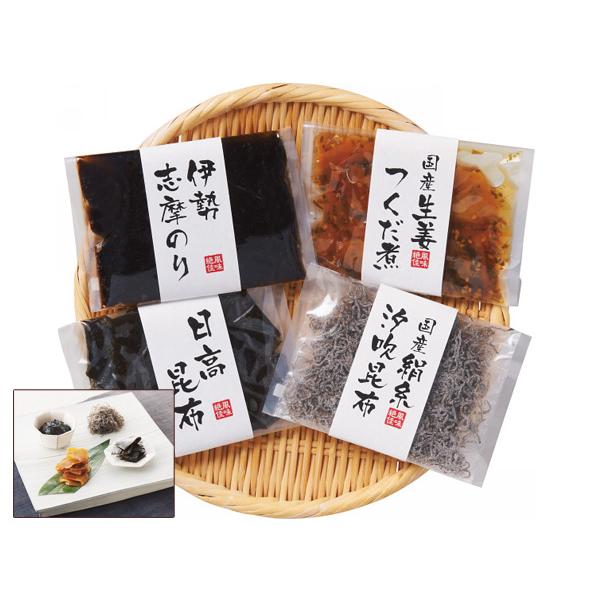 国産佃煮詰合せ ■国産の主原料を焚き上げた佃煮の詰合せです。 ■商品詳細●メーカー品番KT-20●国産生姜つくだ煮50g、伊勢志摩のり100g、国産絹糸汐吹昆布20g、日高昆布50g  ●加工地 日本●アレルゲン：  小麦 大豆 ごまボール...