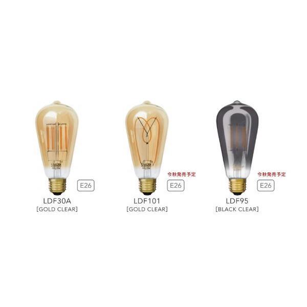 型番 LDF30D品名 電球型LEDランプ 詳細  ●白熱電球W相当/30W相当  ●定格消費電力/5W  ●ガラス/ゴールドクリア  ●口金/E26 ●色温度/2200K  ●光束/400lm  ●外径/65mm ●全長/145mm  ●...