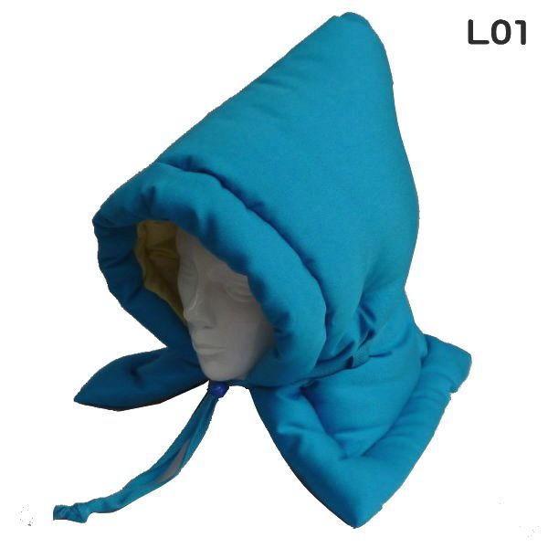 Lサイズ(中高生〜大人用) 防災頭巾 L01サイズ:約30×46×9cm 表地:アクリル系カネカロン100%　難燃糸使用 裏地:綿100% 中綿:難燃ポリエステル50%　ポリエステル50%　難燃綿使用★耳穴開きで声が聞き取り易く安心★名札の...