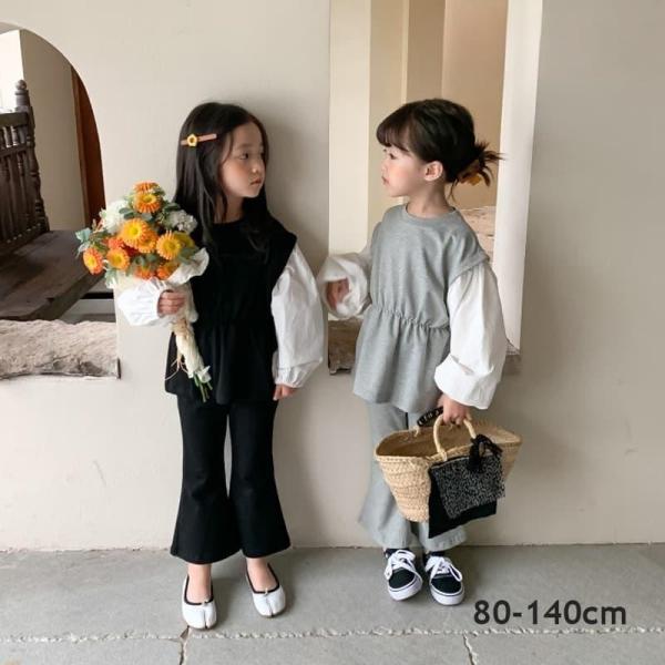 トレンド感のあるシャツスリーブの切替デザインセットアップ☆トップスはペプラムシルエットで女の子らしく決まります・セットでも単品でも着回しやすいフレアパンツも、重宝すること間違いナシ！【サイズ】80cm・90cm・100cm・110cm・12...