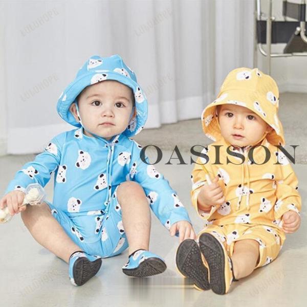 キッズ　長袖ラッシュガードかわいい　ベビー水着お子様を日焼けから守るカワイイパーカーです♪こちらは、全身を守ってくれるつなぎタイプの水着となっています。プールや海で目立ちそうなカラーで、とってもおしゃれ。小さなお子さんの肌への負担が心配なお...