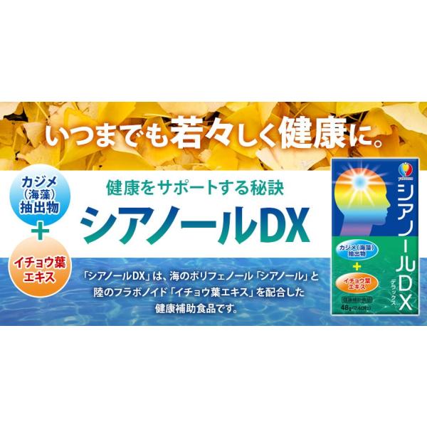 シアノールＤＸ（カジメ抽出物＋イチョウ葉エキス） 【商品詳細】 　数多くのリサーチより、沿岸部に住む高齢者が非常に健康である事が分かり、多くの方が海藻を摂取している事が分かりました。特に古くから食用に供されていたカジメに、優れたポリフェノー...