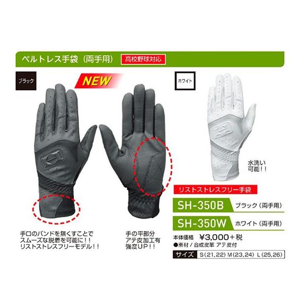 ■手口バンドをなくすことでスムーズな脱着を可能に。■手のひら部分、アテ皮加工有り強度アップ●カラーSH-350W　ホワイトSH-350B　ブラック●サイズ　S(21、22cm)、M(23、24cm)、L(25、26cm)●素材合成皮革（アテ...