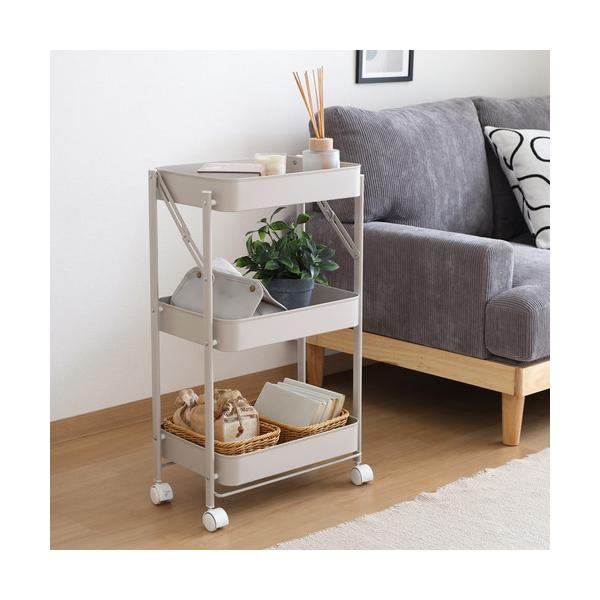 不二貿易　たためるマルチワゴン　3段　スパーク　組み立て簡単　キッチン収納　グレージュ　50616 446