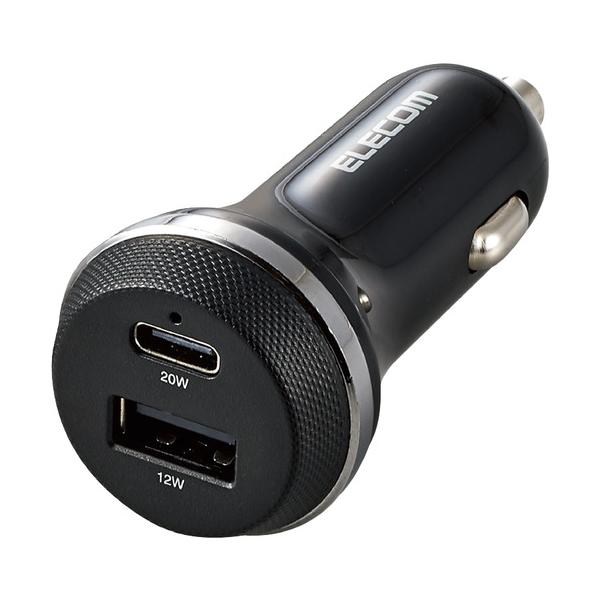 エレコム　MPA-CCPD08BK　シガーチャージャー　USB　Power　Delivery準拠　20W+12W　USB-C1ポート　USB-A1ポート　ブラック 500
