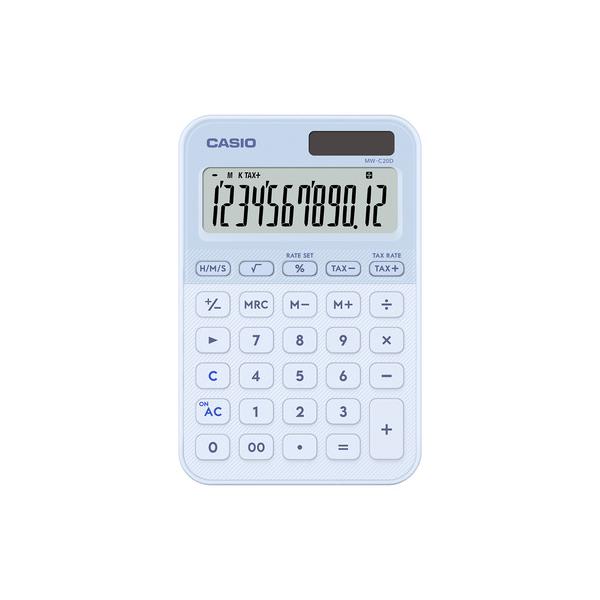カシオ計算機　MW-C20D-LB-N　デザイン電卓　ミニジャスト型カラフル　12桁表示　税計算機能あり　ライトブルー 52