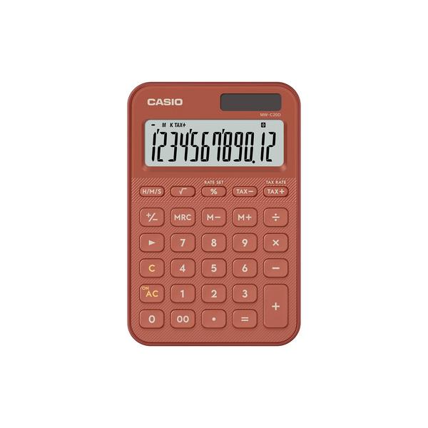 カシオ計算機　MW-C20D-RD-N　デザイン電卓　ミニジャスト型カラフル　12桁表示　税計算機能あり　ブリックレッド 52