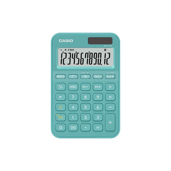 カシオ計算機　MW-C20D-TU-N　デザイン電卓　ミニジャスト型カラフル　12桁表示　税計算機能あり　ターコイズ 52