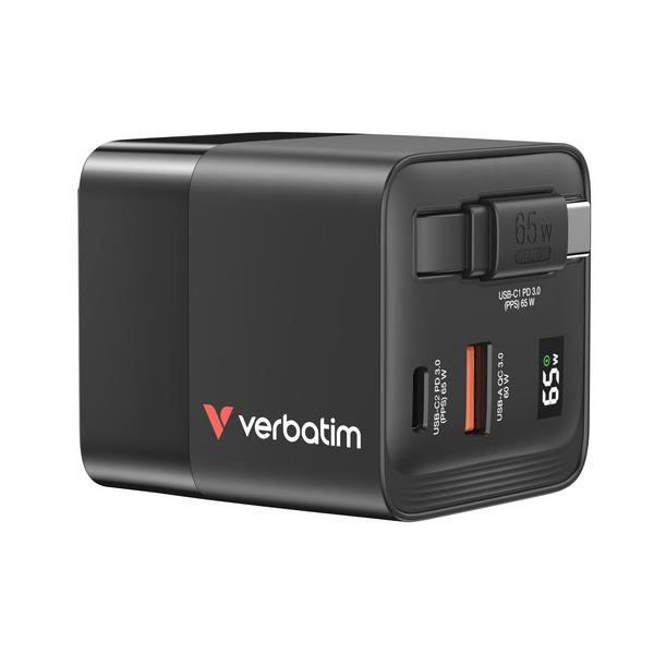 Verbatim　GANRC65-2V1　GaN充電器　65W　USB-Cポート×2　USB-Aポート×1　収納式ケーブル付き　ブラック 131