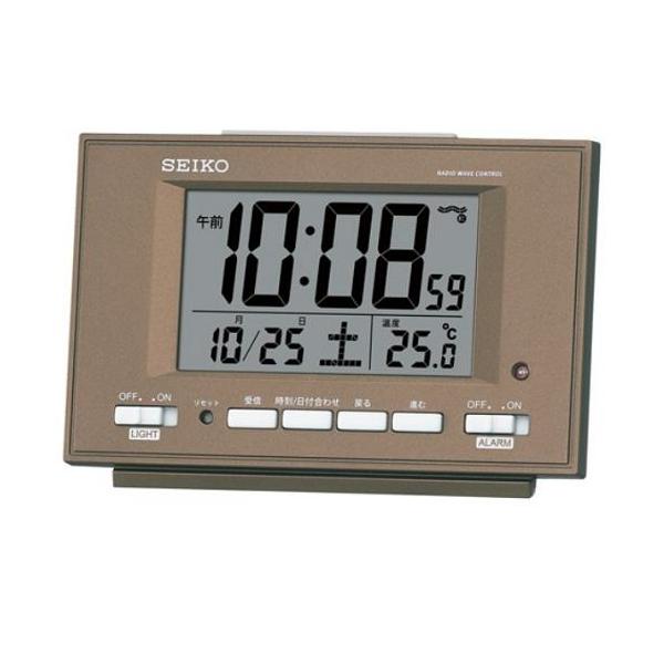 セイコークロック　SQ778B　デジタル時計　電波置時計　茶メタリック塗装　電子音アラーム(スヌーズ付)　温度表示　自動点灯ライト 820