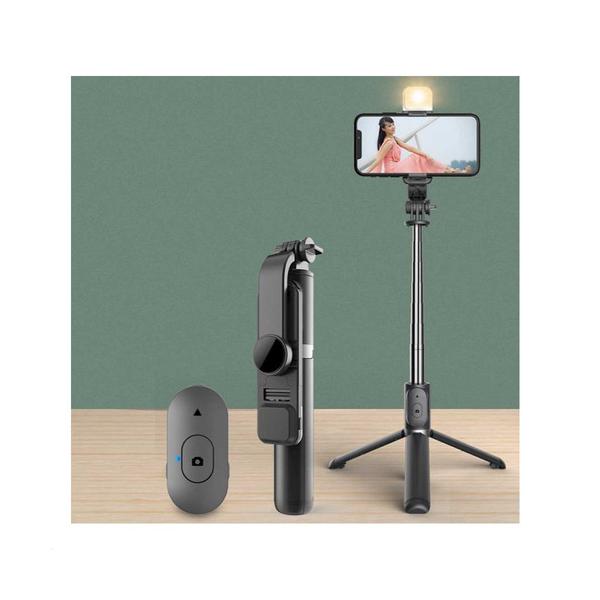 RM　RM1859BK　コンパクト三脚付き自撮り棒　美白LED搭載　360度回転　iPhone・Android対応リモコン付　ブラック 500