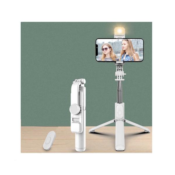 RM　RM1859WH　コンパクト三脚付き自撮り棒　美白LED搭載　360度回転　iPhone・Android対応リモコン付　ホワイト 500