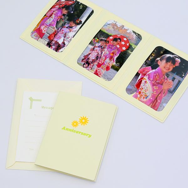 【基本仕様】Lサイズ収納、3ツ折3面（タテ・タテ・タテ） 【材質】表紙：紙（タント紙/100kg両面合紙）ポケット：紙（タント紙/100kg）メッセージカード：紙（マーメイド紙/115kg））封筒：紙（ボス紙/110kg） 【台紙厚さ】（折...