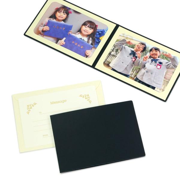 【基本仕様】はがきサイズ収納、2ツ折2面（ヨコ・ヨコ） 【材質】表紙：紙（タント紙/100kg両面合紙）ポケット：紙（タント紙/100kg）メッセージカード：紙（マーメイド紙/115kg））封筒：紙（ボス紙/110kg） 【台紙厚さ】（折り...