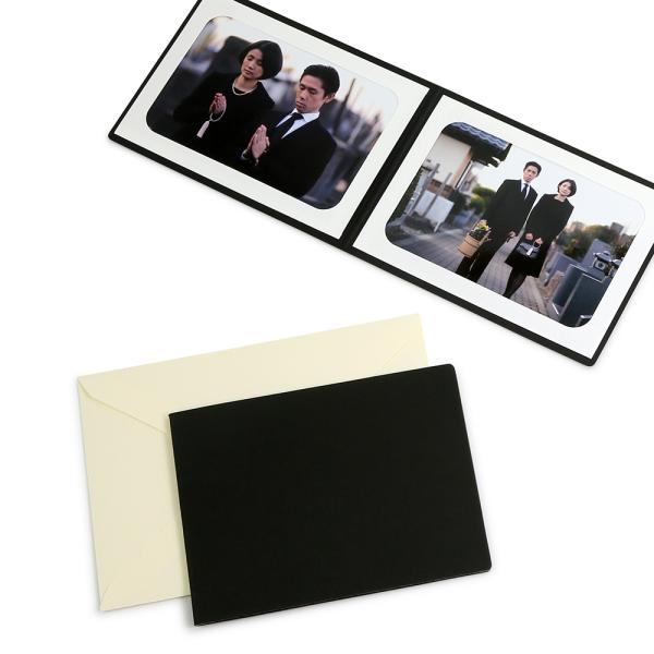 【基本仕様】Lサイズ収納、2ツ折2面（ヨコ・ヨコ）【材質】表紙：紙（タント紙/100kg両面合紙）ポケット：紙（タント紙/100kg）封筒：紙（ボス紙/110kg）【台紙厚さ】（折りたたみ時）3mm【表紙厚さ】0.8mm【ポケット中抜き】ビ...