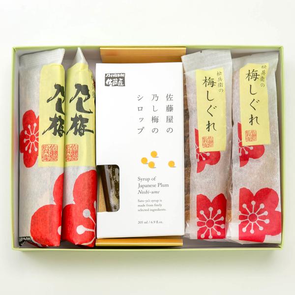 山形市の老舗「乃し梅本舗 佐藤屋」の看板商品。樹上完熟させた梅を使用した伝統銘菓「乃し梅」の他、食べやすいサイズの「梅しぐれ」、シロップなどをセットにしてお届け。爽やかな甘みをお楽しみください。山形市の老舗菓子店「乃し梅本舗佐藤屋」が、江戸...