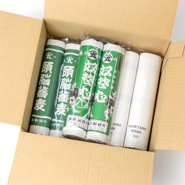 明治創業の老舗、今田製麺所の人気そば3種の詰合せです。昔ながらの「奴そば」、北海道産そば粉使用の「TUNETARO SOBA」、つなぎに頭脳粉を使用した「頭脳蕎麦」、個性ある味わいをお楽しみください。1885年（明治18年）創業の今田製麺所...