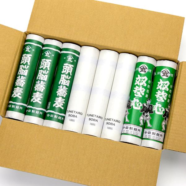 明治創業の老舗、今田製麺所の人気そば3種の詰合せです。昔ながらの「奴そば」、北海道産そば粉使用の「TUNETARO SOBA」、つなぎに頭脳粉を使用した「頭脳蕎麦」、個性ある味わいをお楽しみください。1885年（明治18年）創業の今田製麺所...