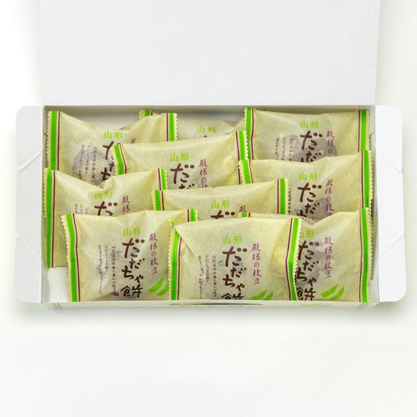 山形県の特産品・だだちゃ豆を使った大福「だだちゃ餅」。古代米で作った紫黒色のお餅で、鮮やかな緑色のだだちゃ餡を包みました。コシのあるお餅と風味豊かなだだちゃ餡が絶妙な美味しさです。1804年（文化元年）に創業した和洋菓子店「十一屋」から、「...