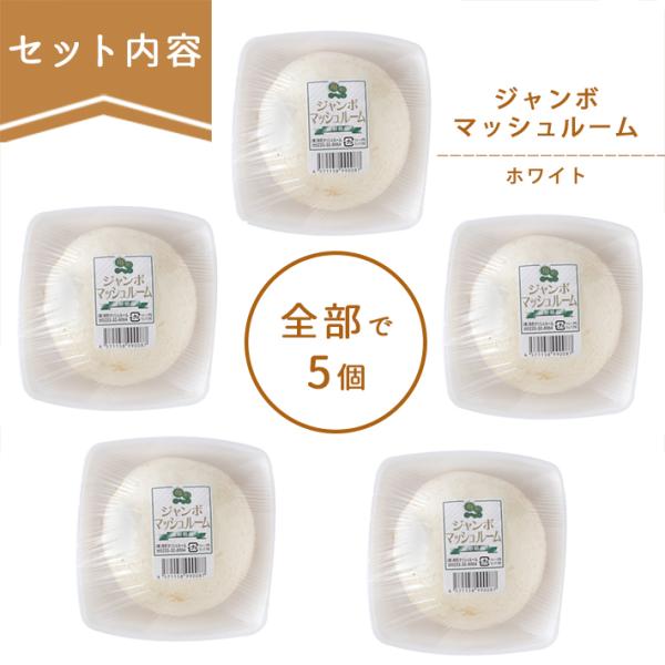 そのまま焼いてステーキ、スライスして生のままサラダに、スープに入れてもコクがでてオススメ！山形県産無農薬栽培ジャンボマッシュルーム（直径8.5cm程度、100g〜150g）５個入り<BR>生産者：舟形マッシュルーム（山形県最上郡...