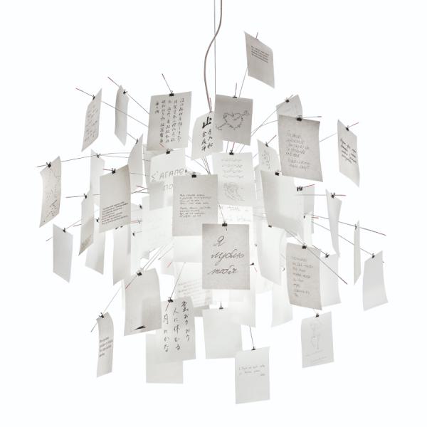 ツェッツルは、組み立てる人の好みと感性で仕上げることで完成するペンダントランプ。世界各国の言葉で綴られたメッセージやイラストが描かれた和紙のペーパーシェードをダブルクリップを使用して取り付けます。