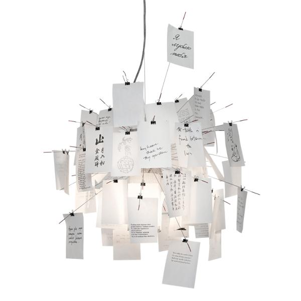 ツェッツルは、組み立てる人の好みと感性で仕上げることで完成するペンダントランプ。世界各国の言葉で綴られたメッセージやイラストが描かれた和紙のペーパーシェードをダブルクリップを使用して取り付けます。