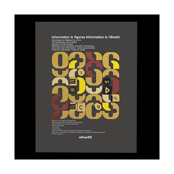 オリベッティ創立100周年（1908年創立）を記念し、日本の輸入代理店とオリベッティ歴史資料館が共同で復刻した限定ポスターです。オリベッティの「O」の文字をグラフィカルにデザイン。デザインはフランコ・バッシです。