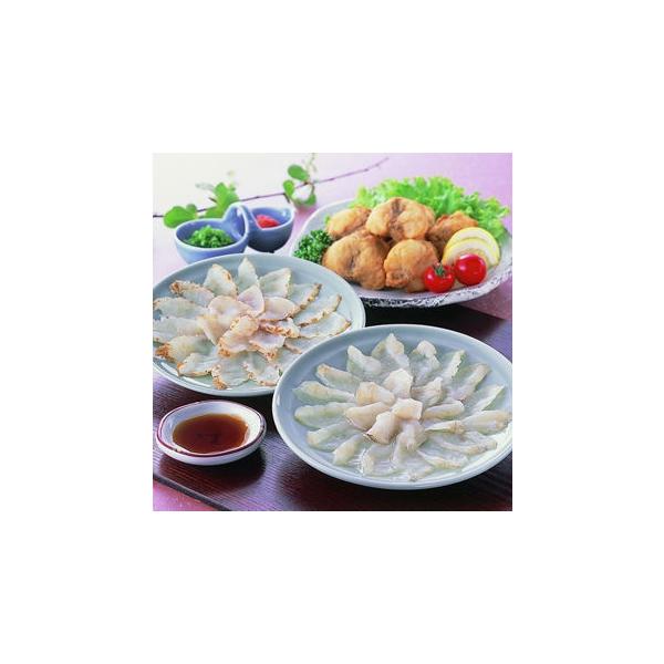 山口県産の『真ふぐ』を存分に味わえる、お刺身、たたき、から揚げの三種セットです。*この商品は代引きでの御支払いができません。
