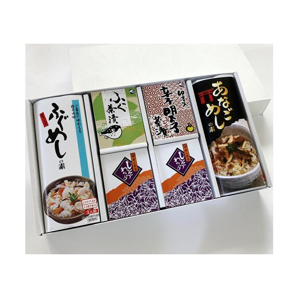 ダシから手づくりの本格炊き込み御飯の素や山口名産のしそわかめなど、山口の味盛りだくさんの詰め合せです。【商品内容】ふぐめしの素(3人前)、あなごめしの素(3人前)、しそわかめ40gx2x2、ゆず入り明太子茶漬け6.5gx4食、ふぐ茶漬6gx...