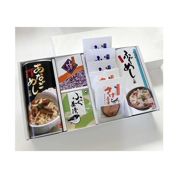 【商品内容】あなご飯の素(3人前)、ふぐ飯の素(3人前)、しそわかめ40gｘ2、ふぐ茶漬6gx3袋、生タイプふぐ茶漬け3袋、生タイプ鮭茶漬け2袋