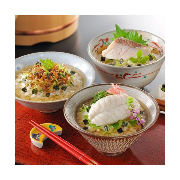 真ふぐ、真鯛、鮭、三つのこだわり素材を味わえるだし茶漬です。【商品内容】●ふぐだし茶漬(二食入)●真鯛だし茶漬(二食入)●鮭だし茶漬(二食入)